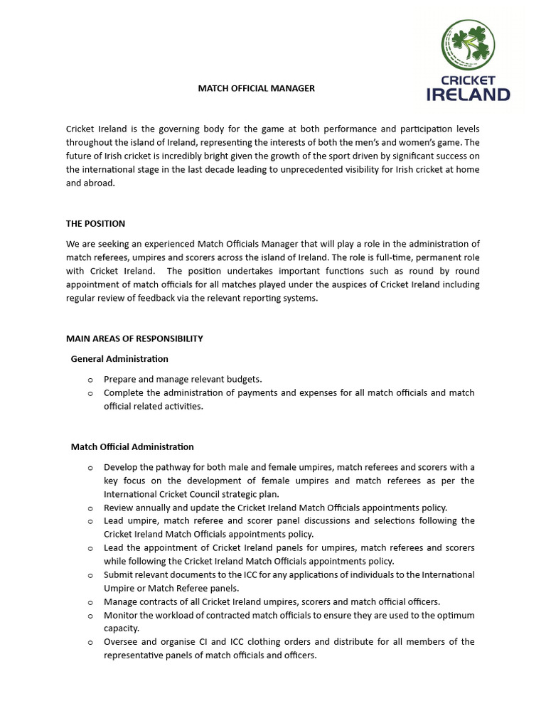 Job Description Match Officials Manager | PDF | Cricket | Referee