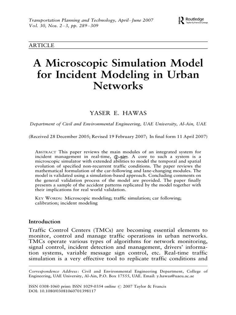 A Microscopic Simulation Model for Incident Modeling in Urban Networkss | PDF | Traffic | Simulation