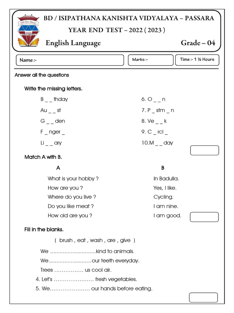 2022 English GR 4 - 3rd Term | PDF | Foods