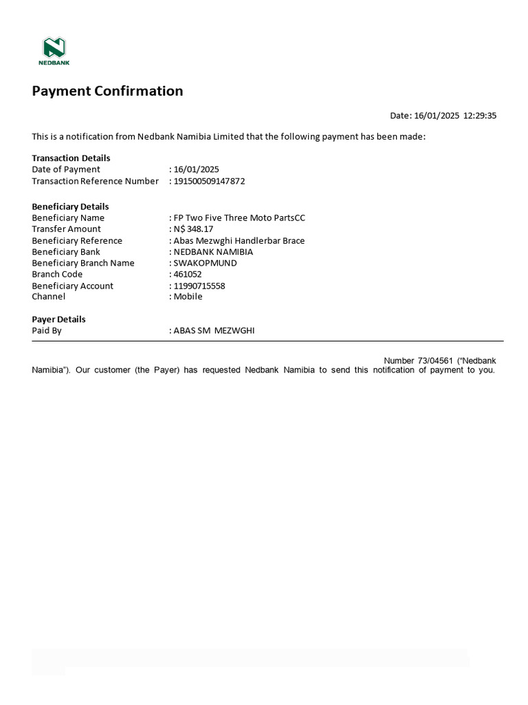 Nedbank Payment Confirmation Notice | PDF | Payments