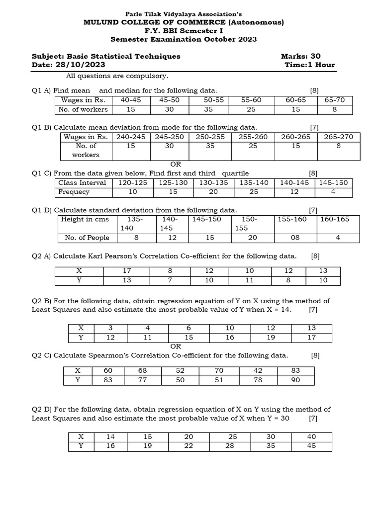 Basic Statistical Techniques Exam 2023 | PDF | Statistics | Regression ...