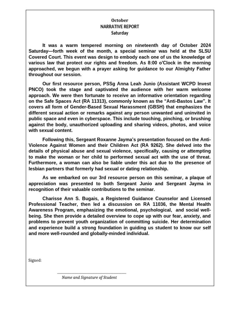 A Narrative Report Sample Guide | PDF | Violence | Aggression