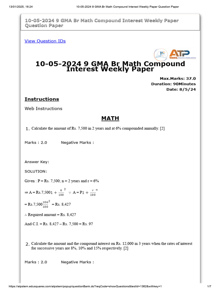 10-05-2024 9 GMA Br Math Compound Interest Weekly Paper Question Paper ...