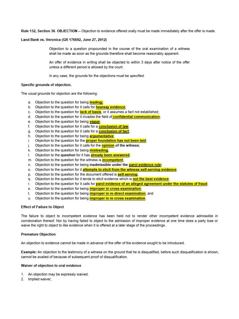 PH Commonly Used Objections EVIDENCE | PDF | Witness | Testimony