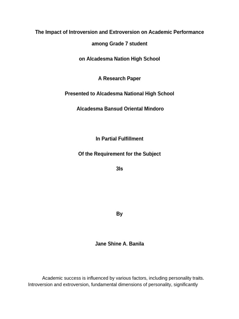 The Impact of Introversion and Extroversion On Academic Performanceamong Grade 7 Student On Alc ...