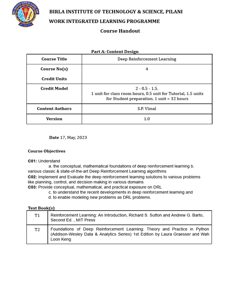 Deep Reinforcement Learning Handout v2.0 | PDF | Cognition | Learning