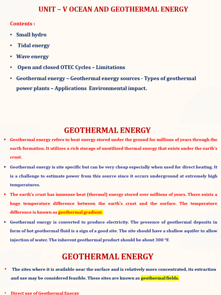 Unit-V Ocean and Geothermal Energy | PDF | Geothermal Energy ...