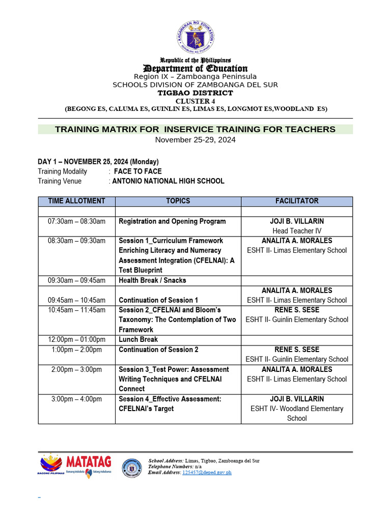INSET 2024 Training Matrix | PDF | Phonics | Human Communication