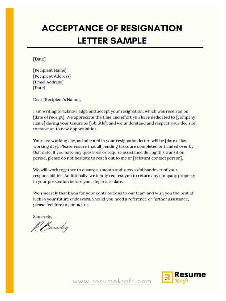 Acceptance of Resignation Letter Sample | PDF