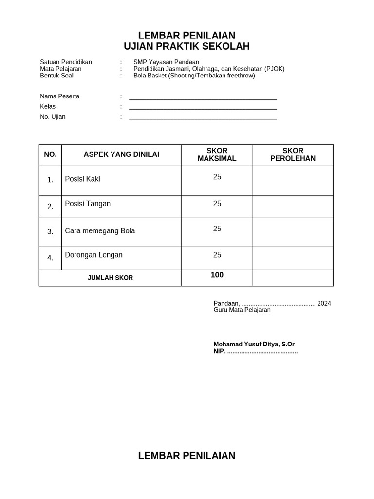 Lampiran Lembar Penilaian Praktik PJOK 23-24 | PDF