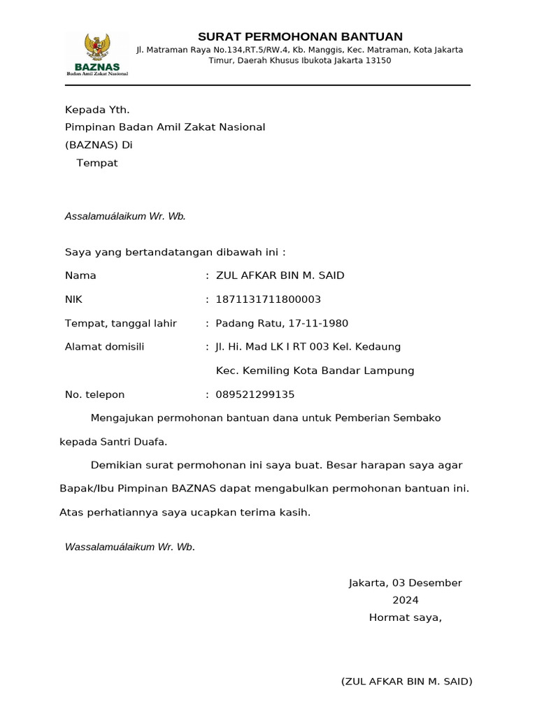 Surat Permohonan Bantuan Baznas Pusat | PDF