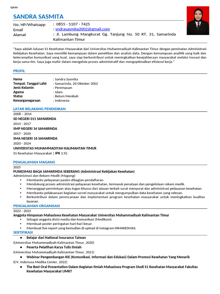 CV Sandra Sasmita 2025 | PDF
