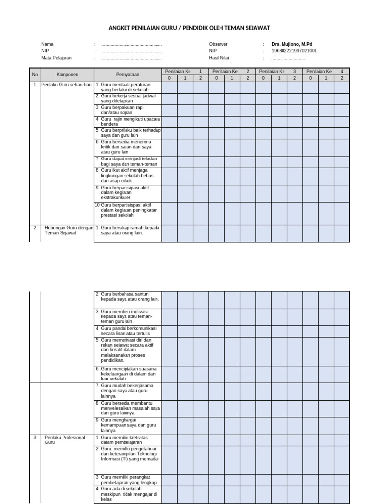 Angket Penilaian Teman Sejawat | PDF