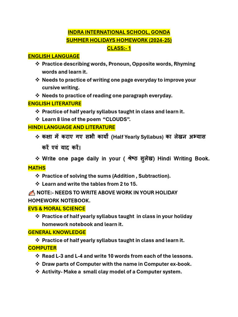 Summer Holidays Homework of Class One 2024-25 | PDF