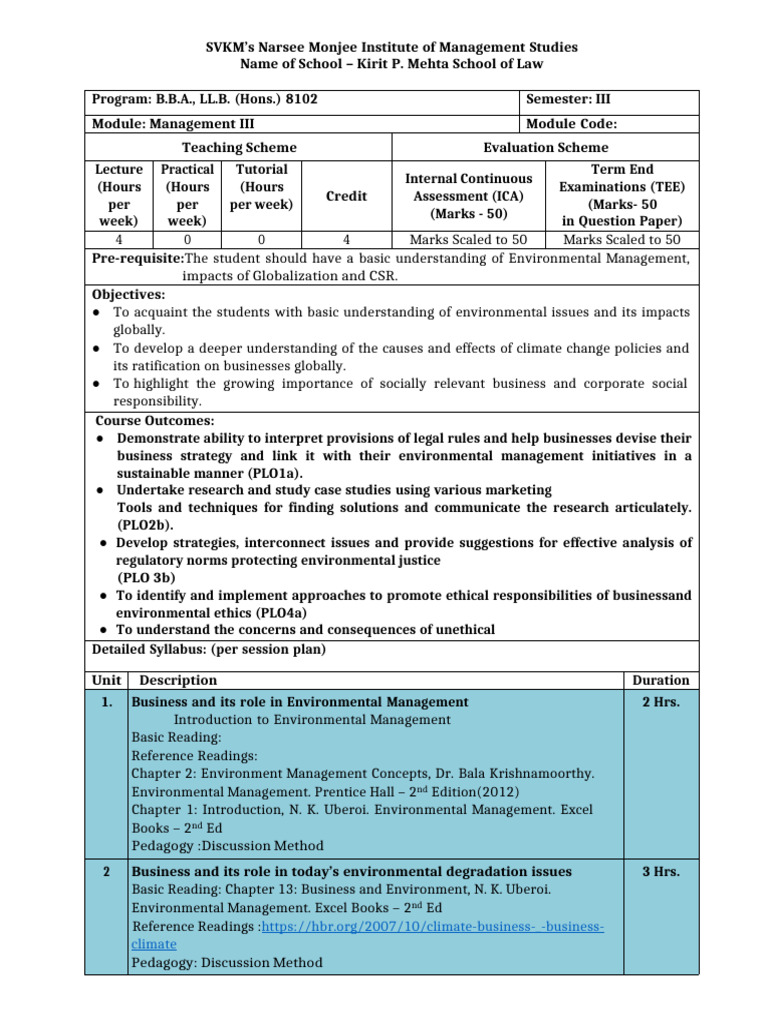 Course Outlines_Sem III_Management III | PDF | Corporate Social ...