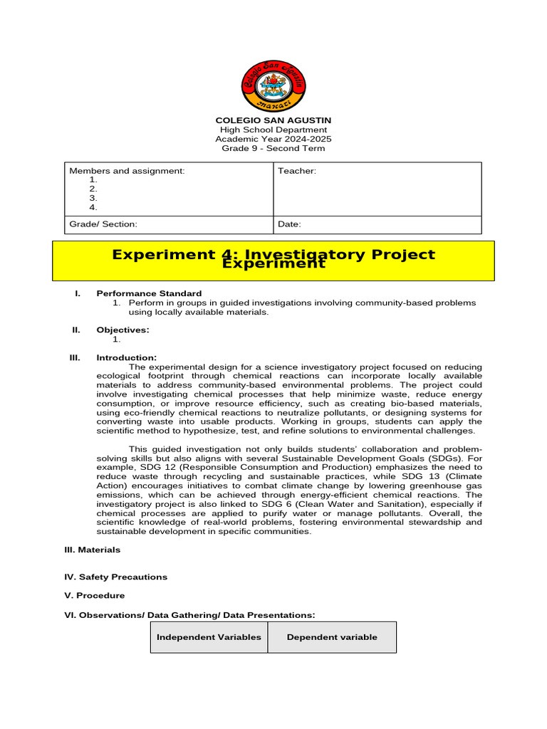 Grade 9 Eco-Friendly Science Project | PDF | Experiment | Sustainability