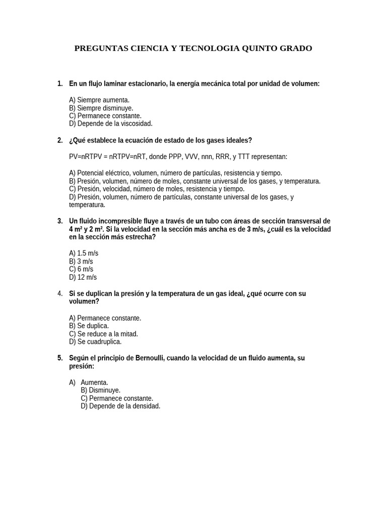 Preguntas Cyt Quinto Grado | PDF | Viscosidad | Gases