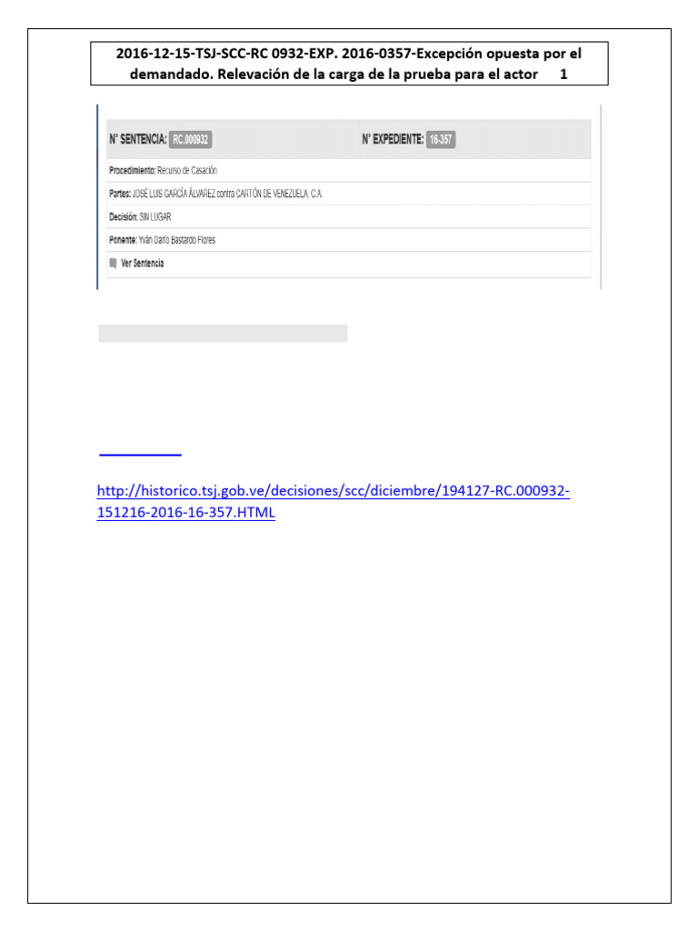 2016-12-15-TSJ-SCC-RC 0932-EXP. 2016-0357-Excepción Opuesta Por El Demandado. Relevación de La ...