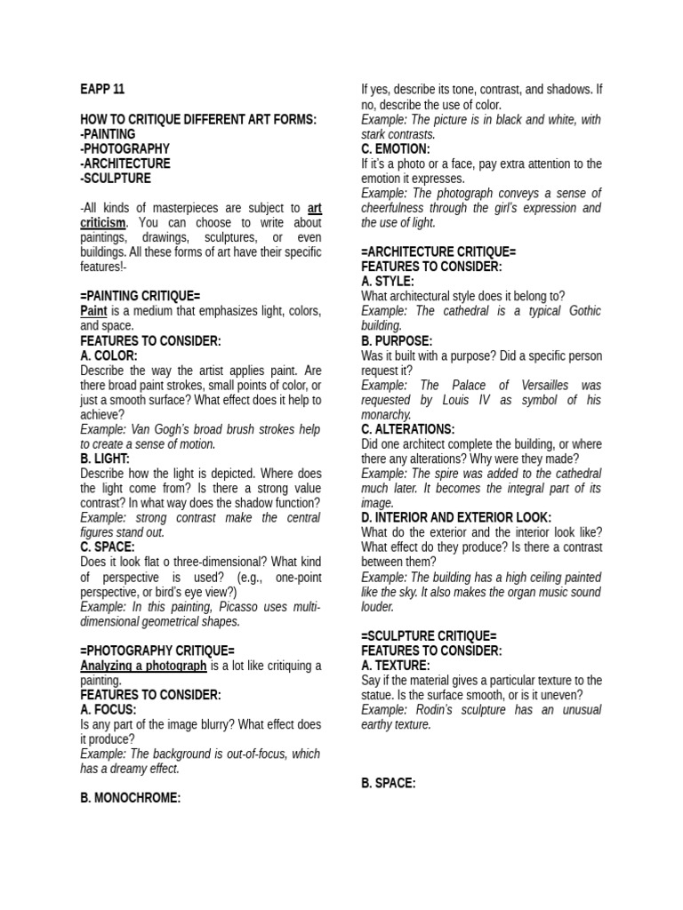 EAPP How To Critique Different Art Forms | PDF | Composition (Visual Arts) | Sculpture