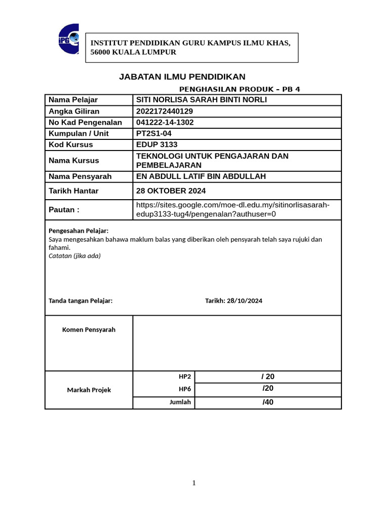 SITI NORLISA SARAH EDUP 3133 TUG 4 | PDF