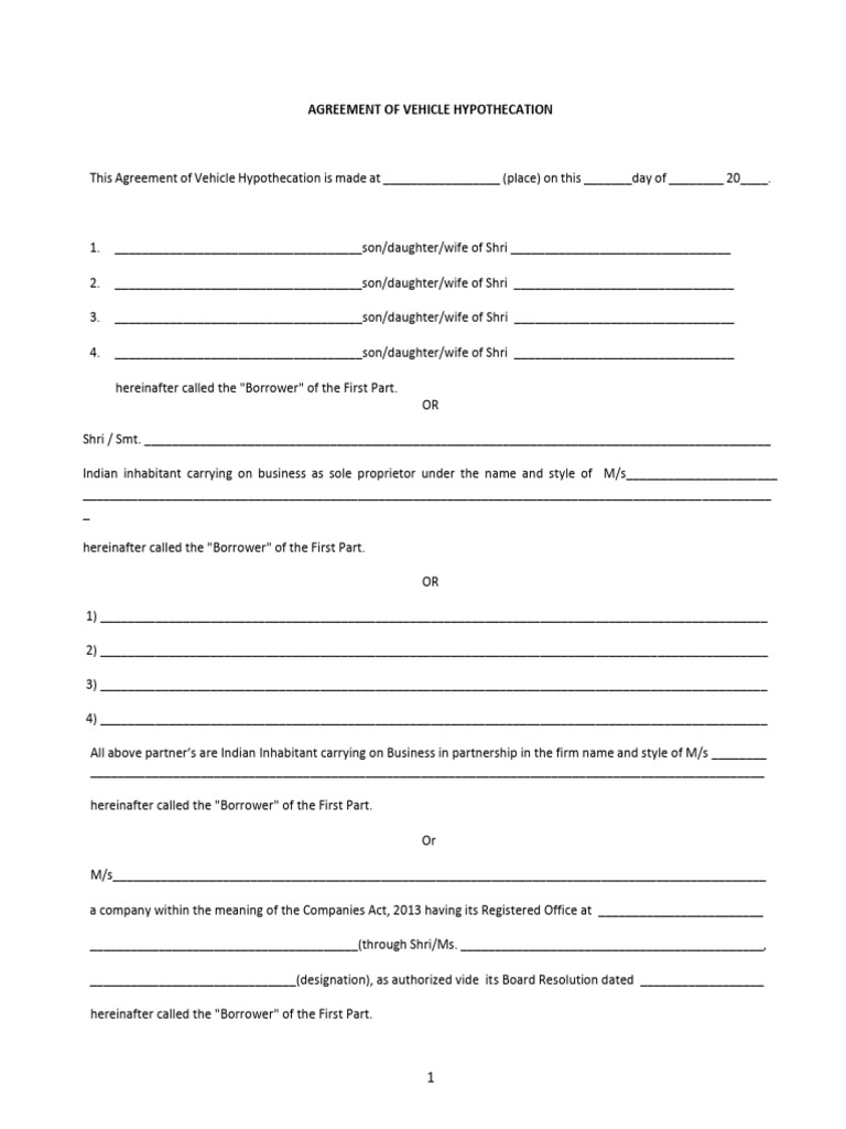 Vehicle Hypothecation Agreement Template | PDF | Banks | Credit