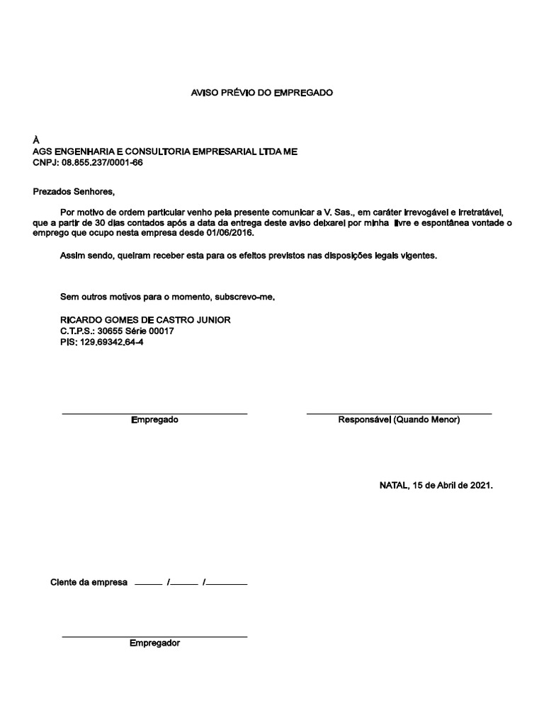 Carta De Pedido De Demissao Com Aviso De Operaciones