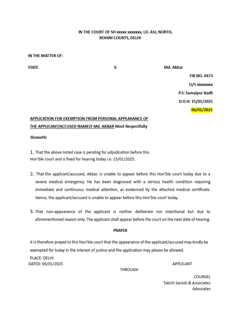 Application for Exemption from Court Appearance | PDF | Legal Procedure ...