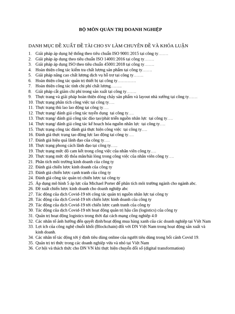 Đề tài KLTN gợi ý Quản trị DN | PDF
