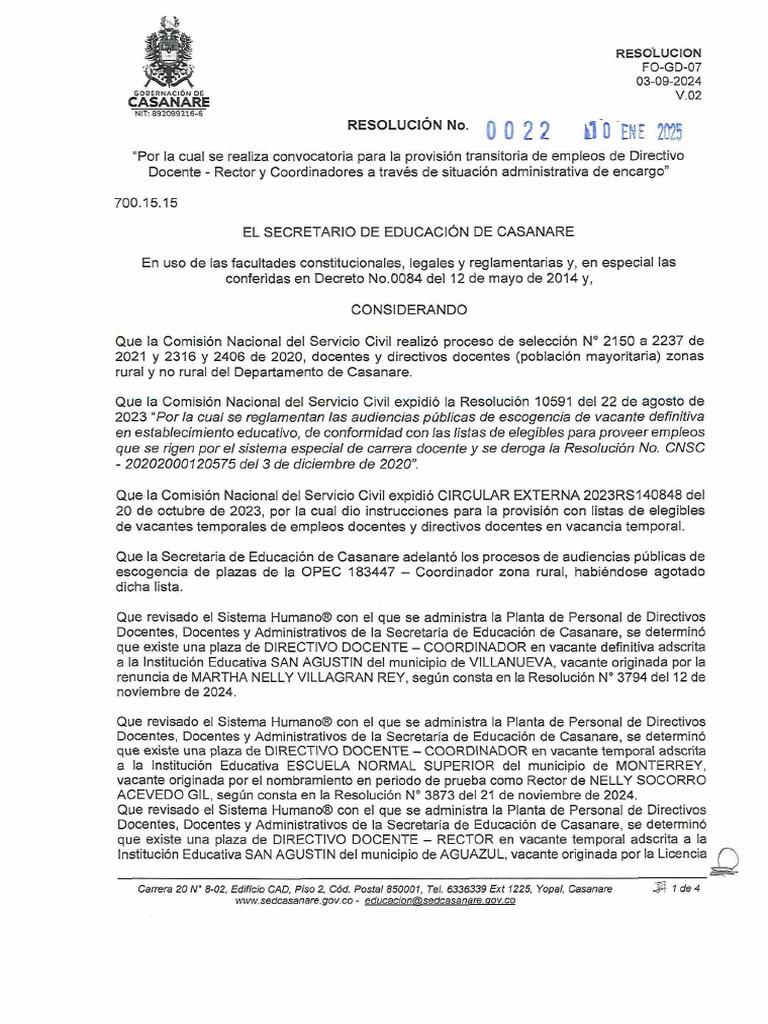 Resolucion #0022 de 10 Enero 2025 | PDF