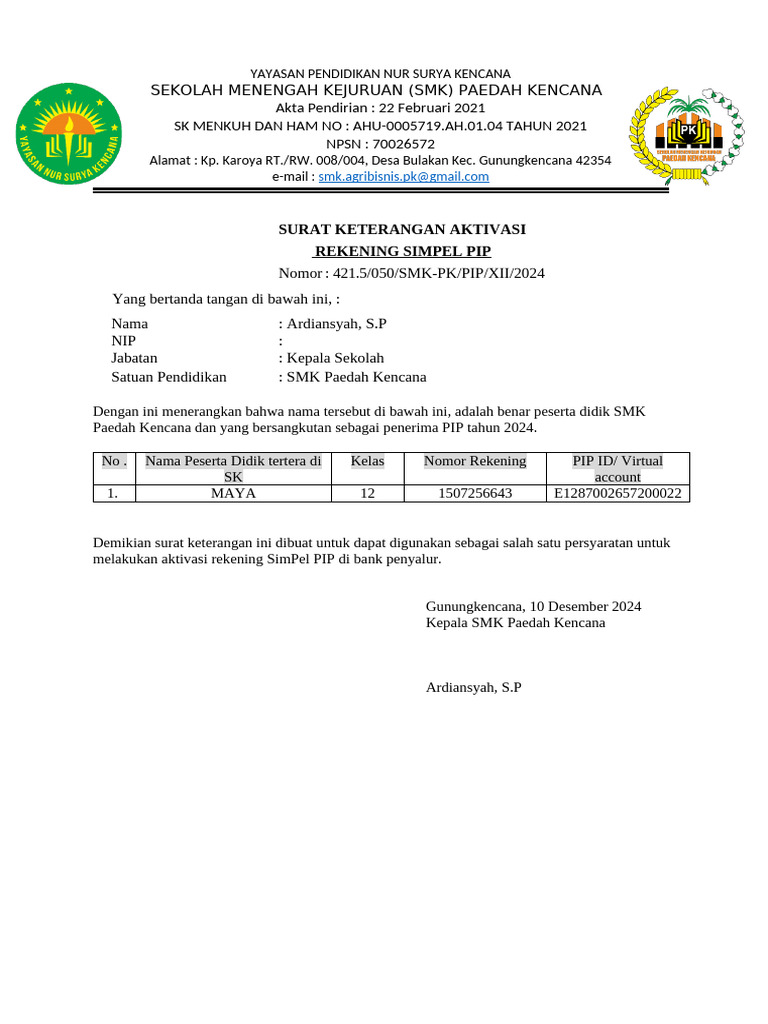 Surat Aktivasi Rekening Pip & Keterangan Aktif Belajar | PDF