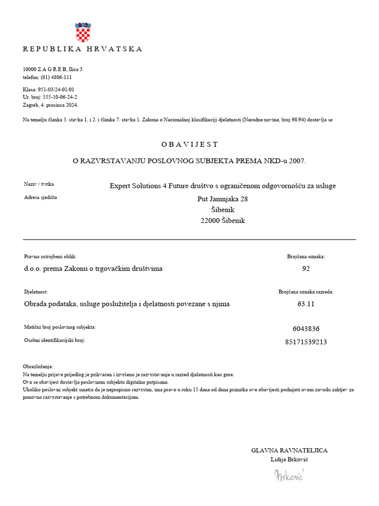 Obavijest Dzs-A o Razvrstavanju | PDF