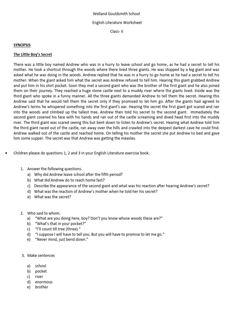 English Literature Worksheet Class 2 | PDF
