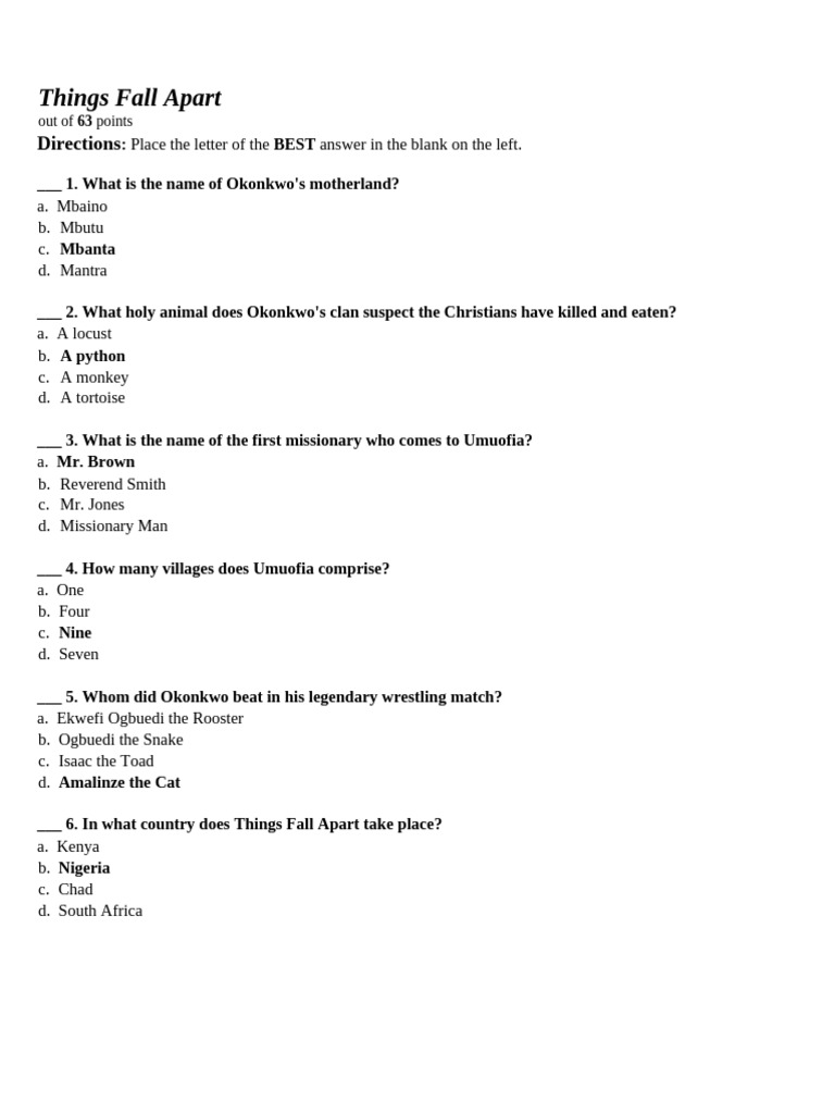 Things Fall Apart: Quiz Chapters 1-13 | PDF