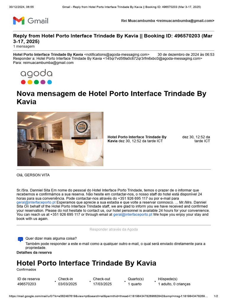 Gmail - Reply From Hotel Porto Interface Trindade by Kavia | PDF