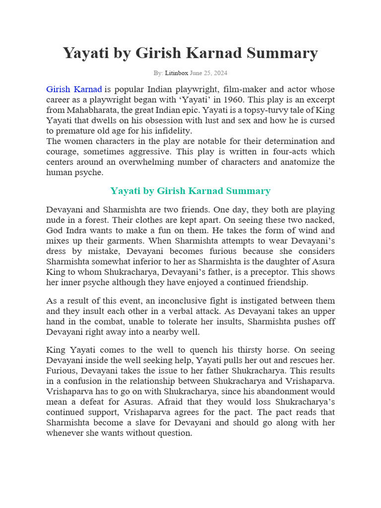 Yayati by Girish Karnad Summary | PDF