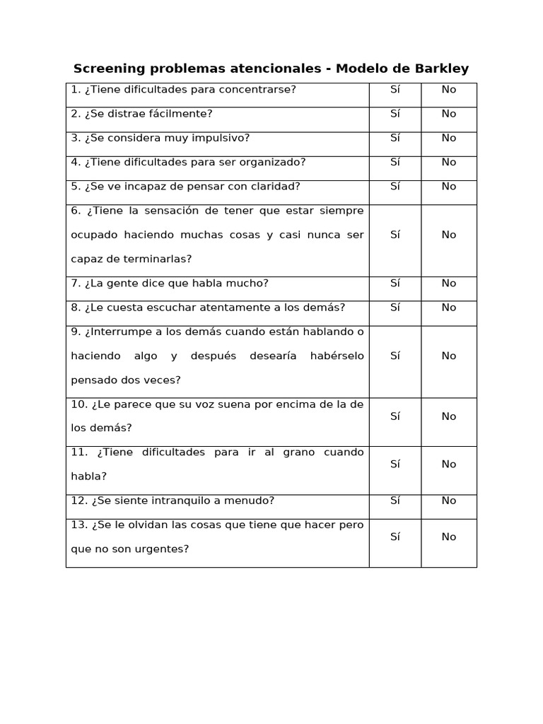 Screening Problemas Atencionales - Modelo de Barkley | PDF