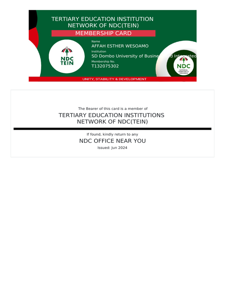 Tertiary Education Institution Network of NDC (Tein) Membership Card | PDF