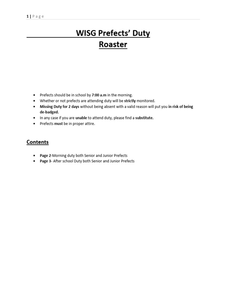WISG Prefects Duty Roaster UPDATED-1 | PDF