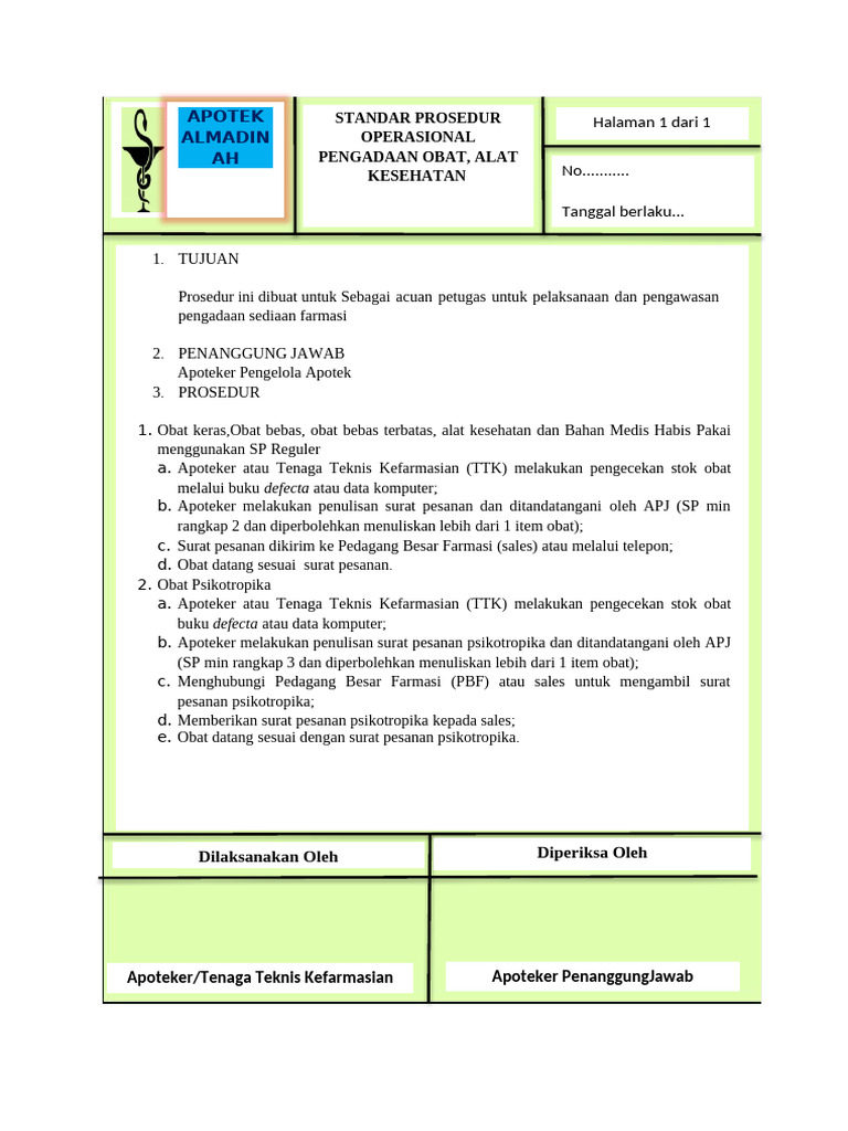 Sop Pengadaan Obat Apotek Kaliwadas Sehat | PDF