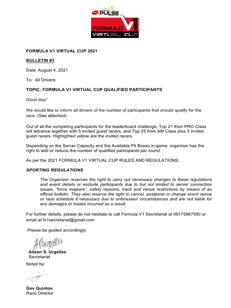 2021 Virtual Cup BULLETIN #3 - Number of Qualified Participants | PDF
