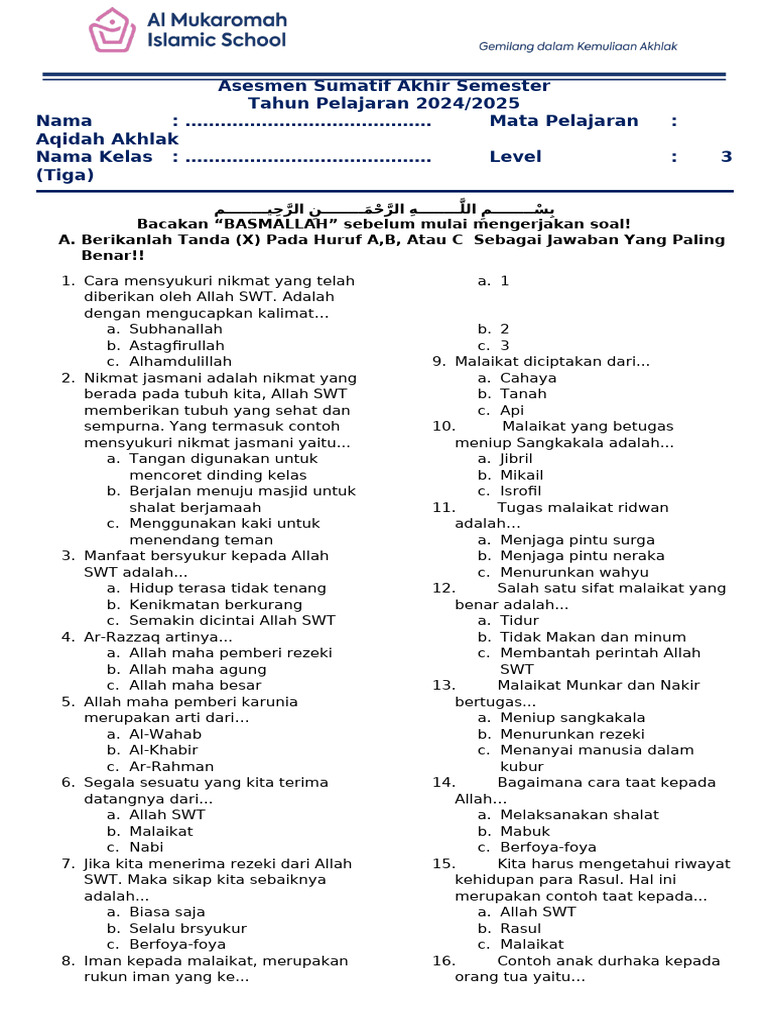 Soal Akidah Akhlak Kelas 5 | PDF