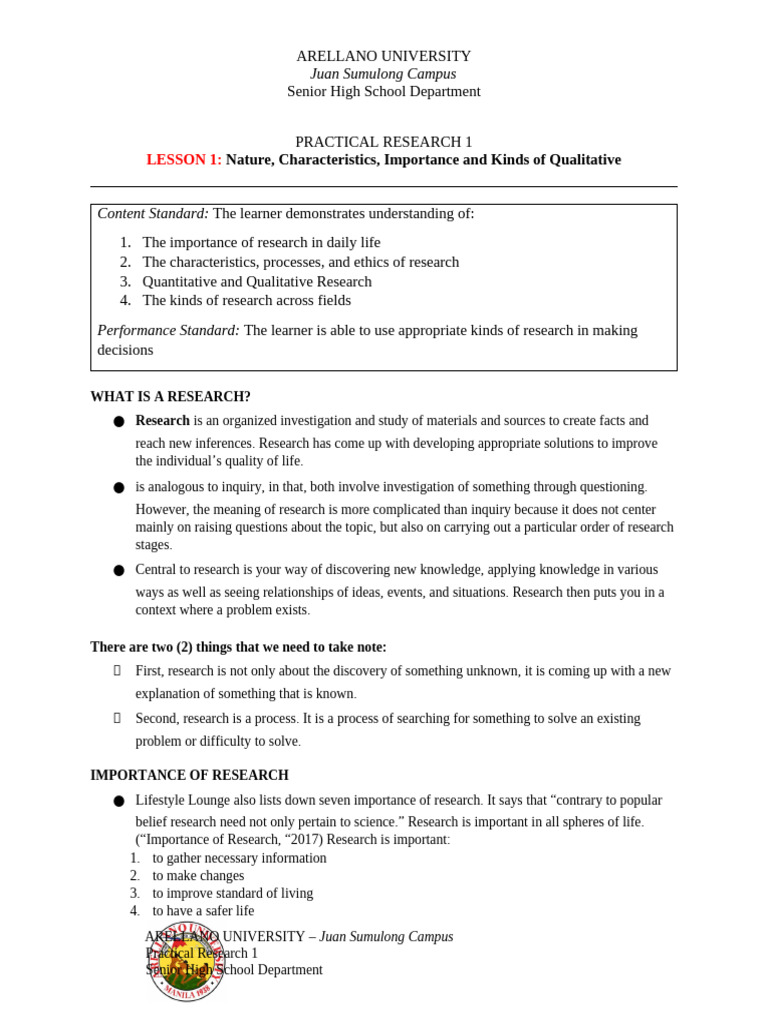 HANDOUT-L1-Q1-PR1 | PDF | Qualitative Research | Science