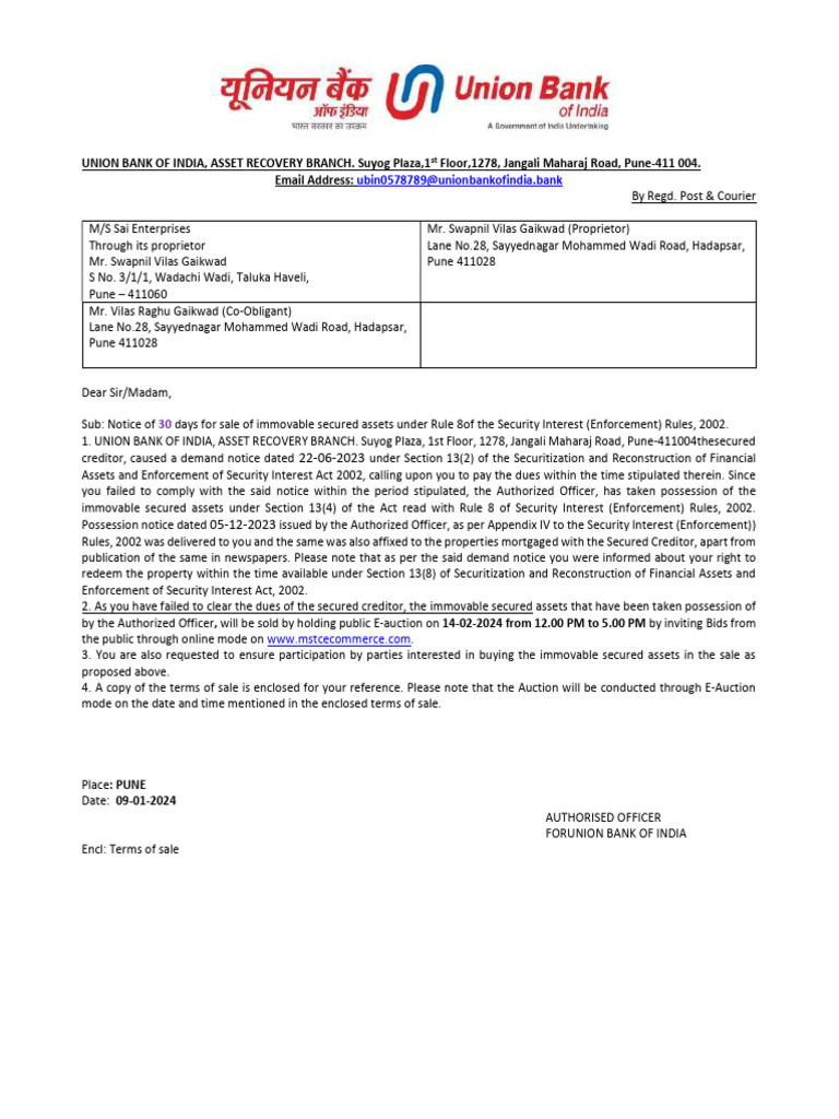 Union Bank E-Auction Notice for Assets | PDF | Auction | Security Interest