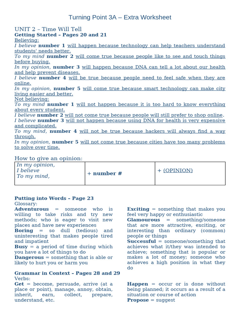 Extra Worksheet - Turning Point 3A - Units 1 To 6 | PDF | Perfect (Grammar) | Linguistics