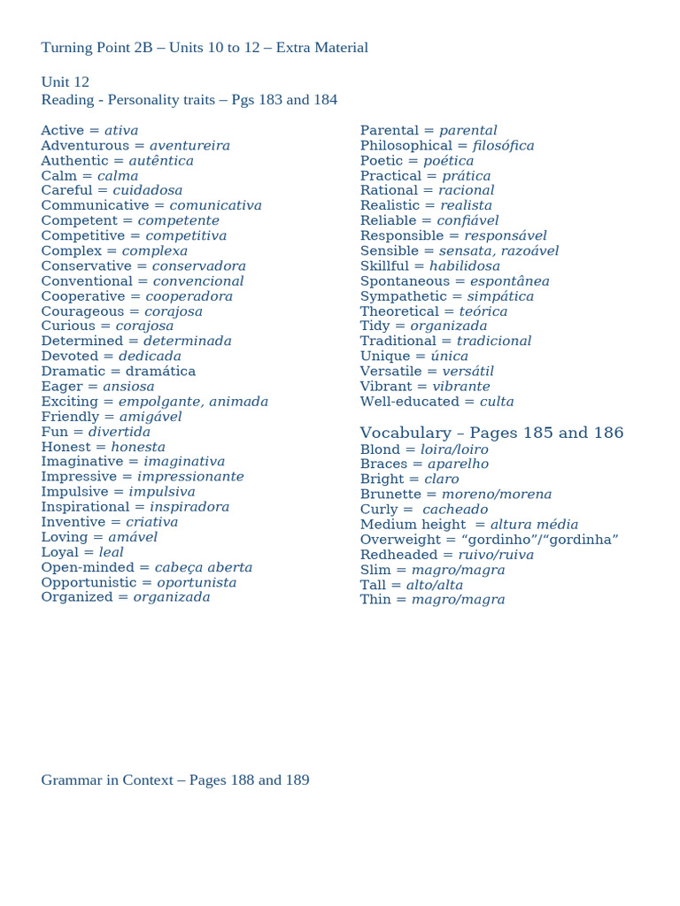 Extra Worksheet - Turning Point 2B - Unit 12 - Reading - Personality Traits | PDF | Meal