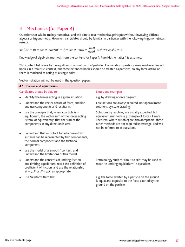 Cambridge 9709 Math Syllabus 2025 | PDF | Force | Acceleration