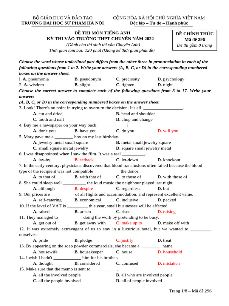 Đề chuyên anh DHSP Hà Nội - 2022 | PDF | Adolescence | Mind
