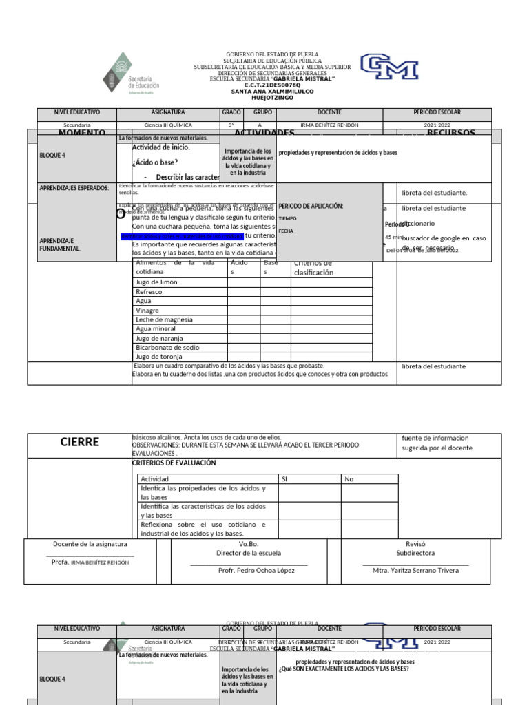 PLANEACIÓN QUIMICA 3º A Julio 2022 Profa. Irma Benítez Rendón | PDF ...
