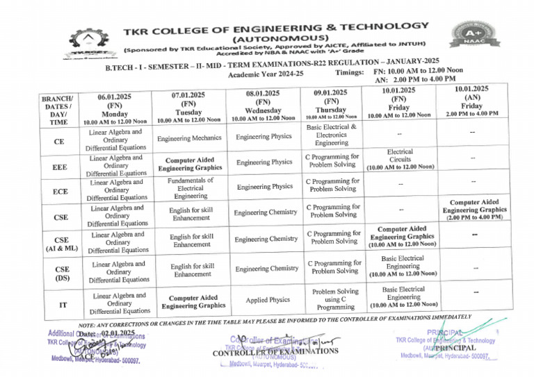 B.tech I Year II Mid Time Table Jan-2025 | PDF