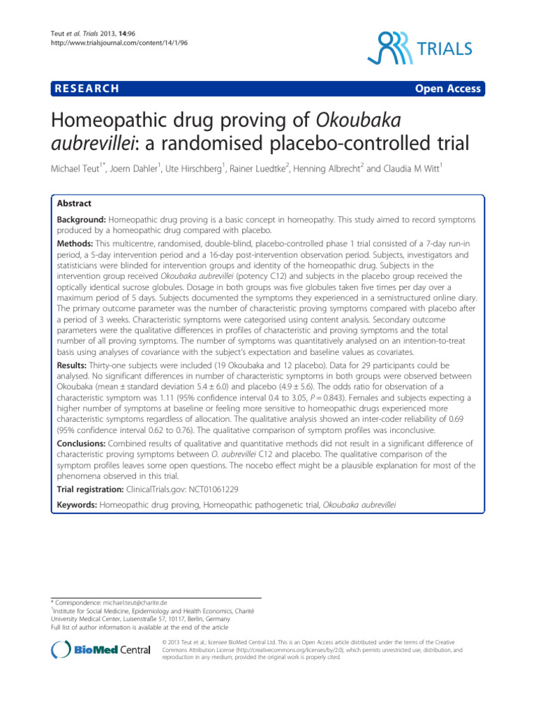 Homeopathic Drug Proving of Okoubaka Aubrevillei a Randomised Placebo-controlled Trial | PDF ...